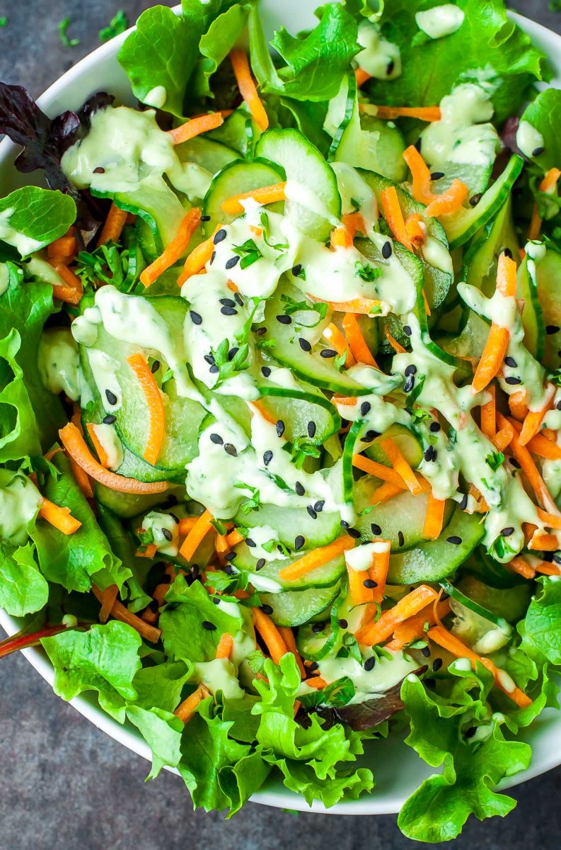 Wasabi Cucumber Avocado Dressing + Spiralized Cucumber Salad - Peas and ...