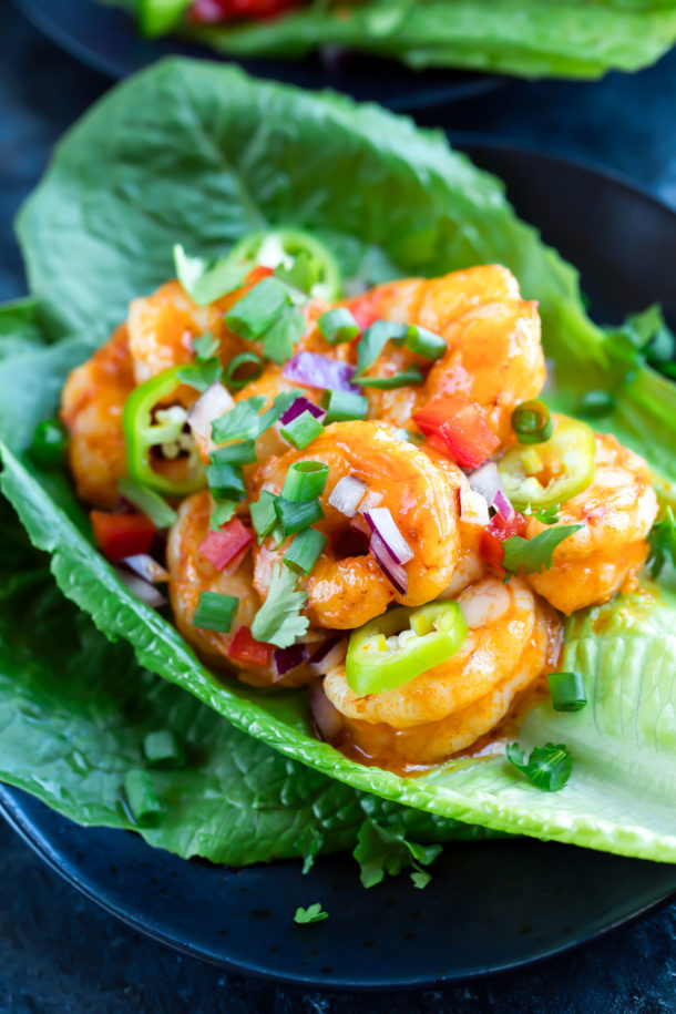Buffalo Shrimp Lettuce Wrap Tacos - Peas and Crayons