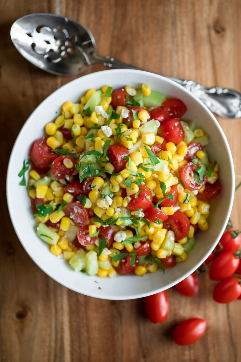 Corn and Tomato Salad with Basil and Feta - Peas and Crayons