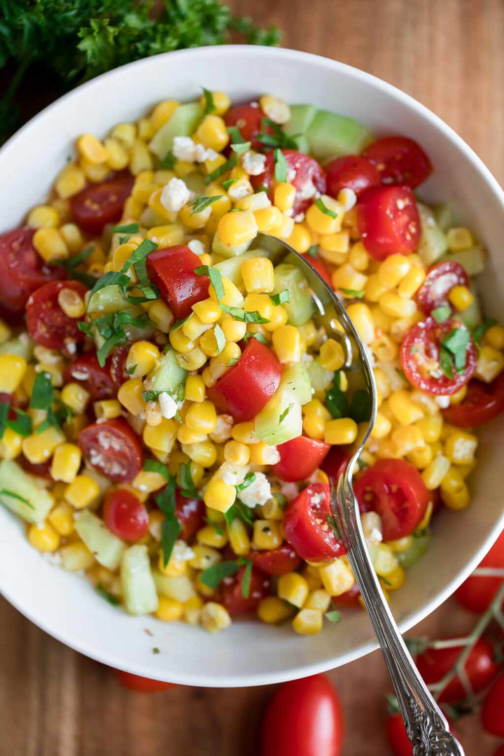 Corn and Tomato Salad with Basil and Feta - Peas and Crayons