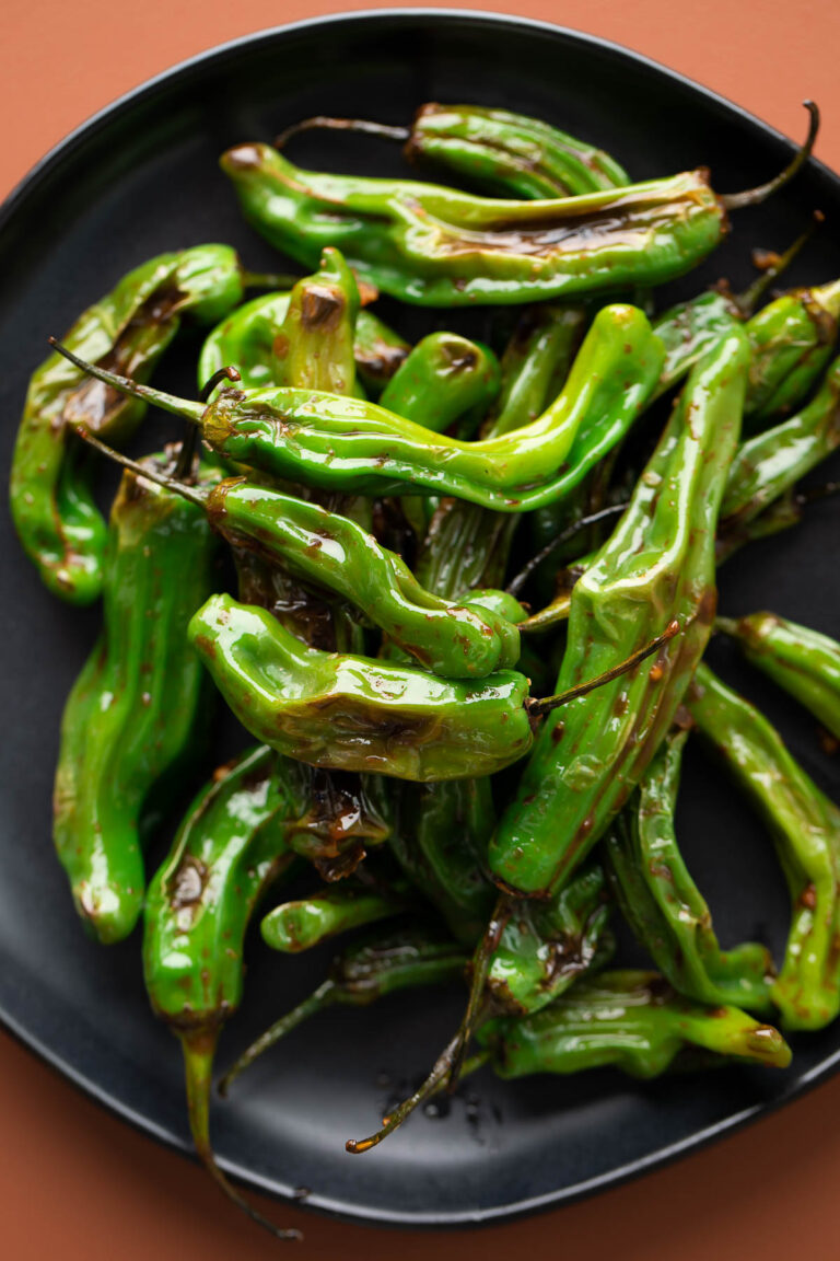 Sriracha Shishito Peppers - Peas and Crayons